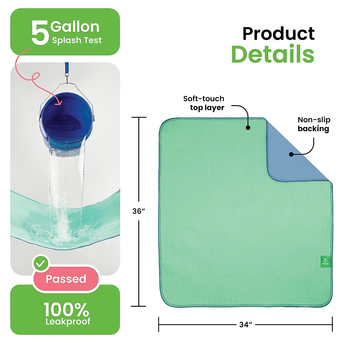 IMPROVIA® Washable Underpads, 34" x 36" (Pack of 4) - Heavy Absorbency Reusable Bedwetting Incontinence Pads for Kids, Adults, Elderly, and Pets - Waterproof Protective Pad for Bed, Couch, Sofa, Floor