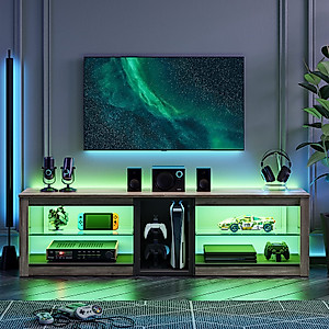 Bestier TV Stand for 70 inch TV, Gaming Entertainment Center for PS5, LED TV Cabinet with Glass Shelves for Living Room, 63'' Inch, Grey Wash