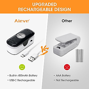 Aieve Bag Sealer Mini, Rechargeable Chip Bag Sealer, Handheld 2 In 1 Heat Seal & Cutter
