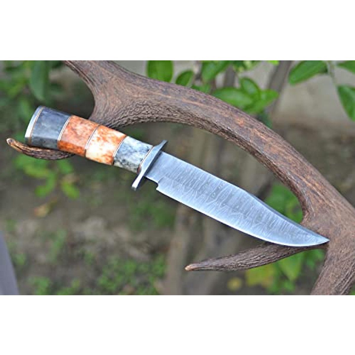 UK UNIQUE SHARP KNIVES BK-3002 Handmade Damascus Steel 12.50 Inches Hunting Knife - Exotic Coloured Bone Handle