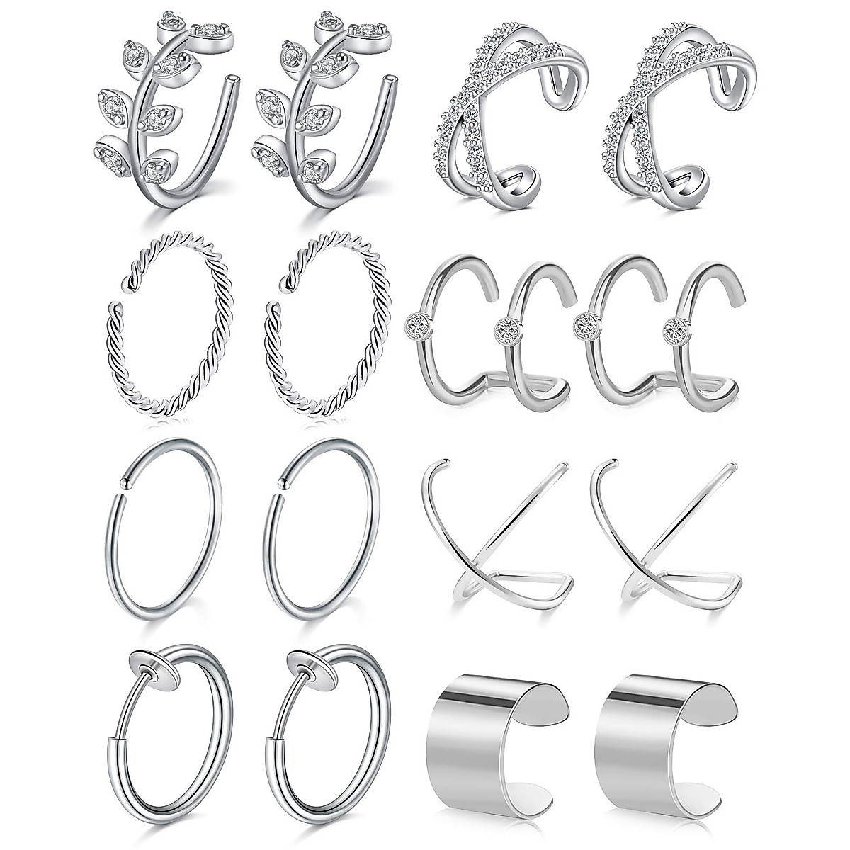 Longita Fake Earrings Ear Cuff Earrings for Women non Piercing Ear Clip On Fake Cartilage Earring Hoop Crossed Conch Helix Hoop Earrings Fake Cartilage Silver