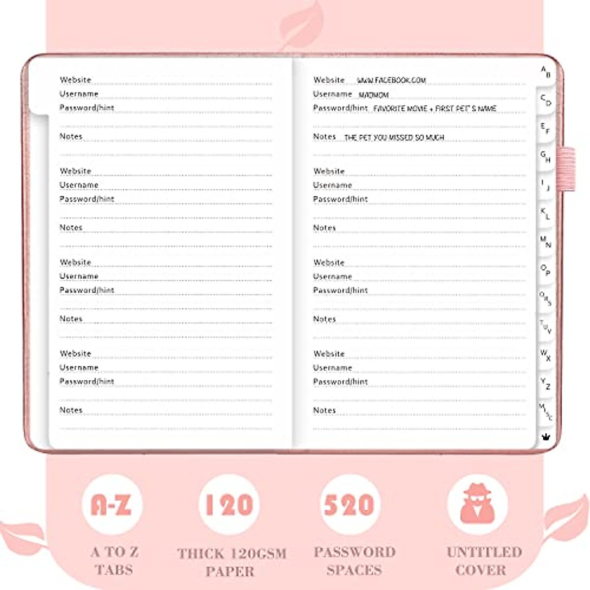 ZICPERY Password Book with Alphabetical Tabs - Premium Leatherette Hardcover Internet Password Keeper Logbook - Untitled Medium Size Password Notebook & Organizer for Home or Office (Rose Gold)