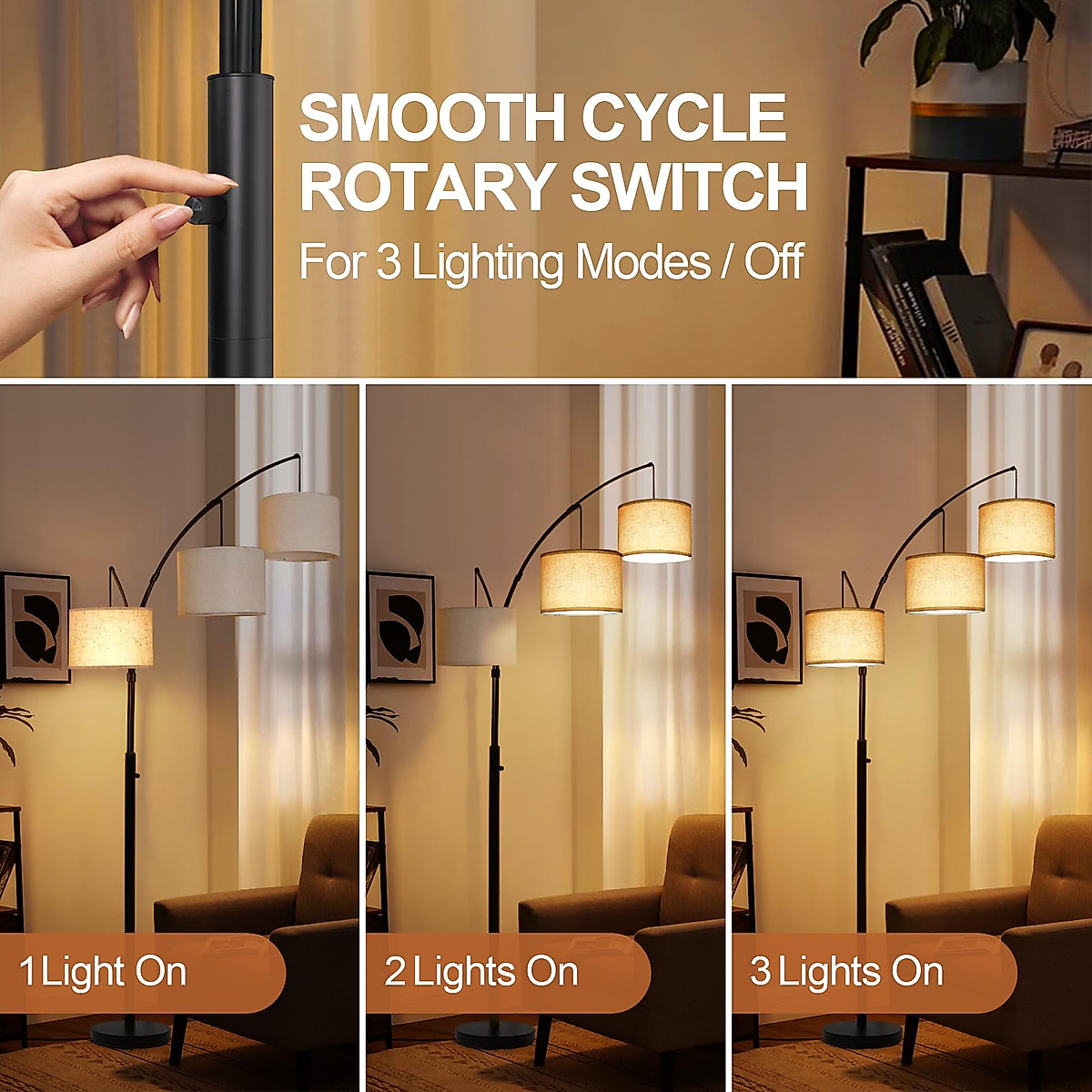 OUTON Arc Led Floor Lamp, Modern Black 3 Light Arched Tall Floor Lamp for Bedroom, 2400lm Mid Century Adjustable Standing Corner Lamps with Hanging Shade for Office Living Room, 3 Led Bulbs Included