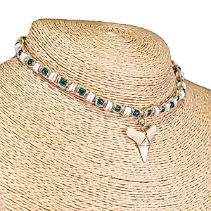 BlueRica Shark Tooth on Hemp Choker Necklace with Blue Beads and Puka Shells (3L)