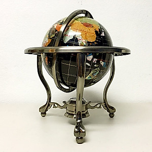 14" BLACK ONYX GEMSTONE GLOBE with Silver Stand