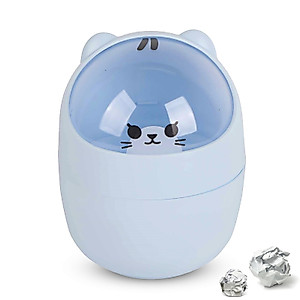 Cute Mini Desktop Trash Can, Cartoon Cat Animal Shape Waste Paper Bin with Swing Lid Mini Countertop Trash Can Small Garbage Can(Blue)