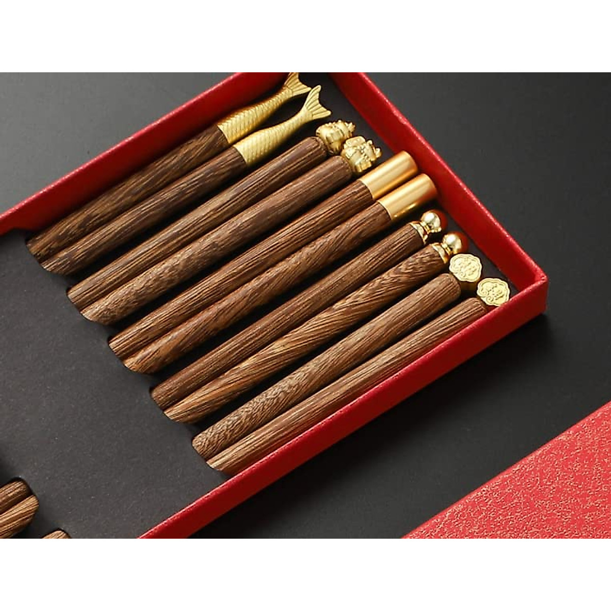 5 Pairs Hardwood Chopsticks Chinese Style Reusable Hand-Carved Chopsticks Natural Wood Chop Sticks with Gift Box