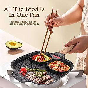 Bobikuke Egg Pan, Egg Frying Pan, Fried Egg Pan with Lid Nonstick 3 Section Pancake Pan Divided Pan for Breakfast,Gas & Induction Compatible, 8.3 Inch