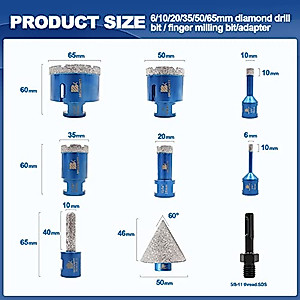 Diamond Core Drill Bit Set for Porcelain Tile Ceramic Marble Granite Drilling,BRSCHNITT 9pcs Vacuum Brazed Diamond Hole Saw with 5/8-11 Thread （1/4" 3/8" 4/5" 1-3/8" 2" 2-1/2"）