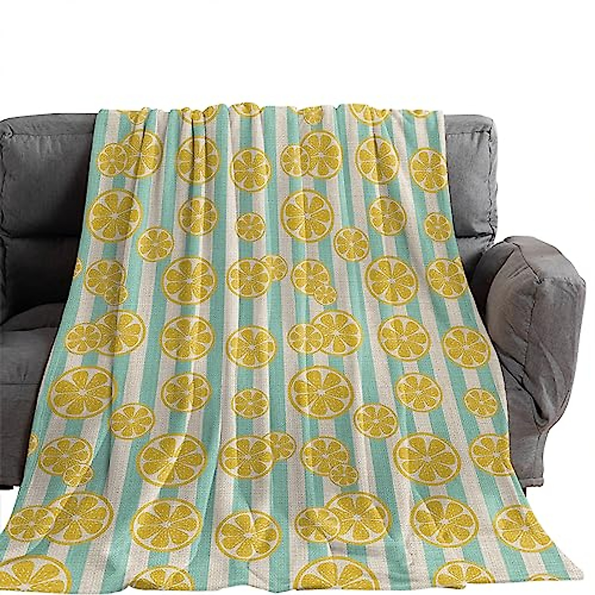 Throw Blanket- Yellow Lemons Soft Warm Plush Fleece Bed Throw,50x60In Flannel Blankets Summer Fruits Retro Linen Burlap Bedding Throws for Women/Men Bedroom Living Room Office Decor Teal Stripe