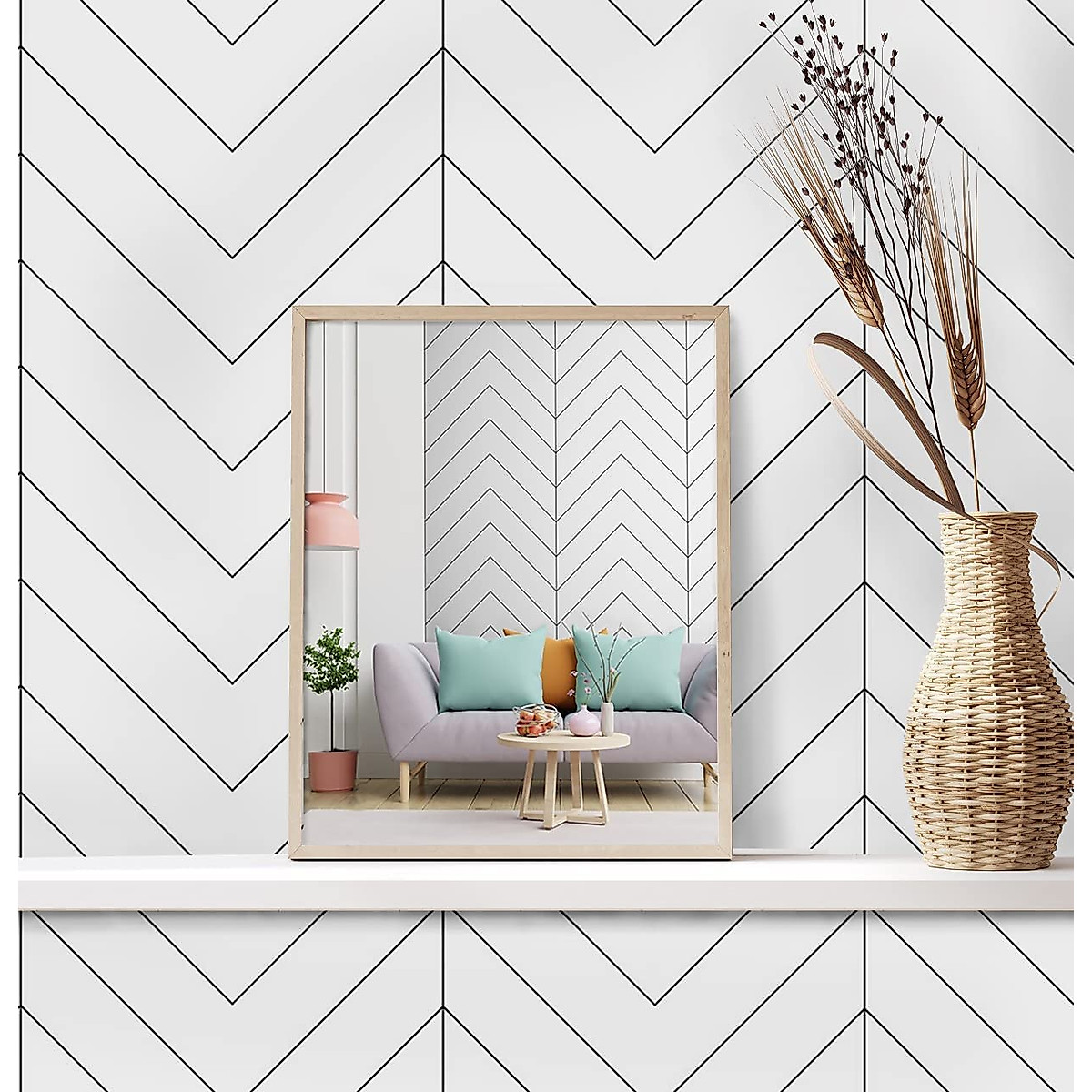 Black and White Wallpaper Peel and Stick Wallpaper Boho Contact Paper Modern Herringbone Wallpaper for Bathroom Bedroom Kitchen Wallpaper Self Adhesive Removable Wallpaper 17.7"×118" Wall Waterproof