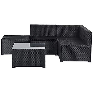 JIVOIT 5-Piece Outdoor Patio Furniture Set, Rattan PE Wicker Corner Sofa Set, Sectional Sofa Set with 1 Corner Sofa, 2 Sofa Chairs, 1 Ottoman and 1 Glass Coffee Table (Black Wicker+ Blue Cushion 003)