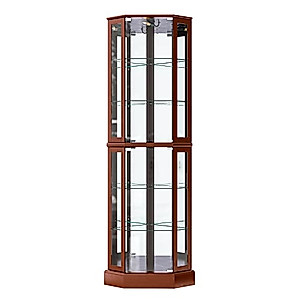 BELLEZE Lighted Corner Display Curio Cabinet Wooden Curved Shelving Unit with Tempered Glass Door, Bar and Liquor Storage Area with 6 Shelves - Ashfield (Walnut)