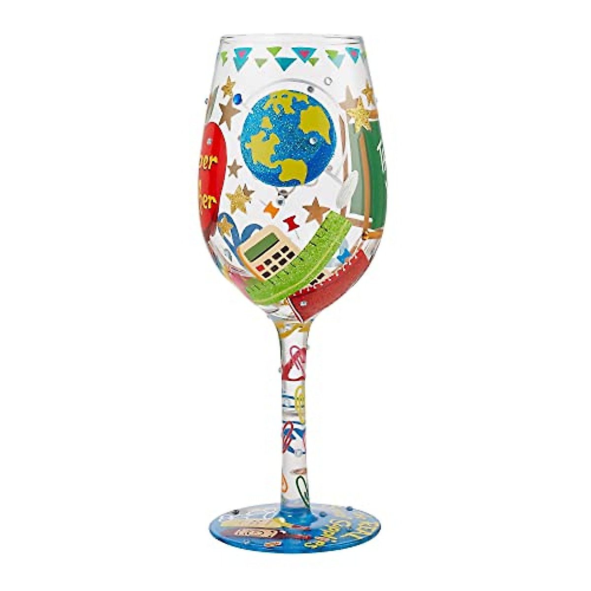 Enesco Designs by Lolita Super Teacher Hand-Painted Artisan Wine Glass, 15 Ounce, Multicolor