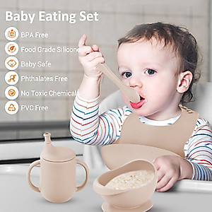 Baby Led Weaning Supplies, 11-Piece Silicone Baby Feeding Set Baby Plates and Utensils Set Infant Feeding Set Suction Plates and Suction Bowls For 6+ Months Toddler (Beige)