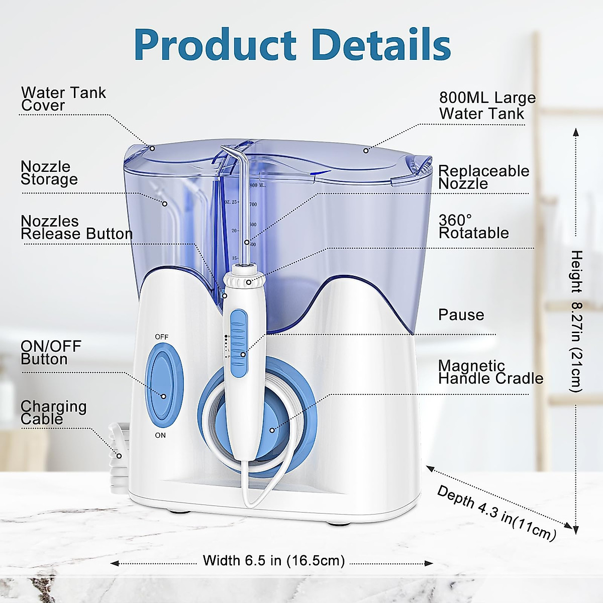 H2ofloss® Dental Water Flosser for Teeth Cleaning with 13 Multifunctional Tips&800ml Capacity, Professional Countertop Oral Irrigator Quiet Design(HF-9)