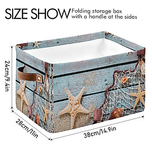 AUUXVA Summer Beach Sand Storage Basket Bin Rustic Wooden Starfish Large Fabric Toys Storage Cube Box with Handles Collapsible Closet Shelf Cloth Organizer Basket for Nursery Bedroom Bathroom