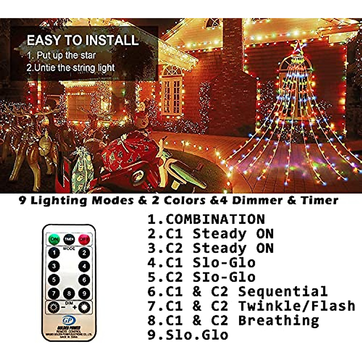 Outdoor Christmas Lights Star Curtain Lights Christmas Tree String Lights Plug in 335 LED with Topper Star Waterfall Hanging Lights Warm White & Multi-Color Changing for Xmas Gazebo Garden Yard Decor