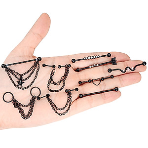 Longbeauty 14G Industrial Barbell Earrings with Chain Surgical Steel Dangle Industrial Bar Piercing Jewelry Cartilage Helix Industrial Earrings for Women Men