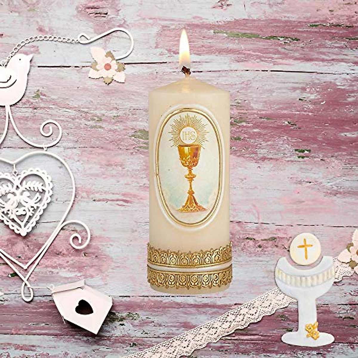 First Communion Candle with Chalice and Host Decoration, Keepsake Gift for Girls and Boys, 4 3/4 x 2 Inches