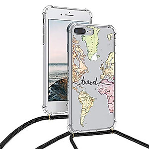 kwmobile Crossbody Case Compatible with Apple iPhone 7 Plus/iPhone 8 Plus Case Strap - Travel Black/Multicolor/Transparent