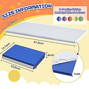 Wesiti 5 Pcs 3 Fold Daycare Nap Mats 1'' Thick Nap Mats for Preschool Sleeping Mats for Kids Toddler Rest Mat with Mat Cover for Kids Classroom Kindergarten Daycare Supplies(Mixed Colors)