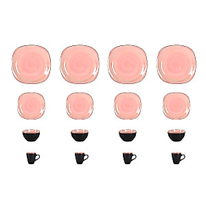 HomeVss, Stoneware Square 16pc Dinnerware Set, Inside Spinwaseh Swirl Rose + Outside Black