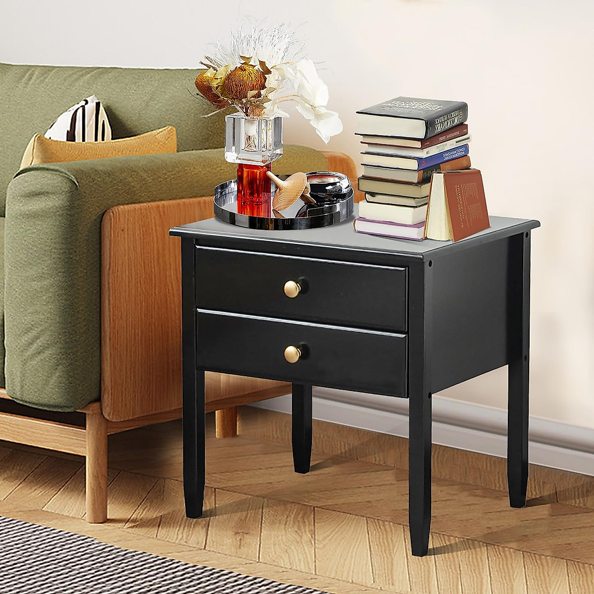 DOUSY Black Bamboo Nightstand Set of 2, Mid-Century Modern Night Stand with 2 Drawers for Bedroom, Bedside Table Side Table for Small Spaces, Bedroom