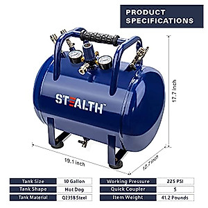 STEALTH Air Tank, 10 gallon High Pressure Air Tank with Maximum 225Psi Pressure, Ideal For Inflation Jobs, Blue-Saa-110T