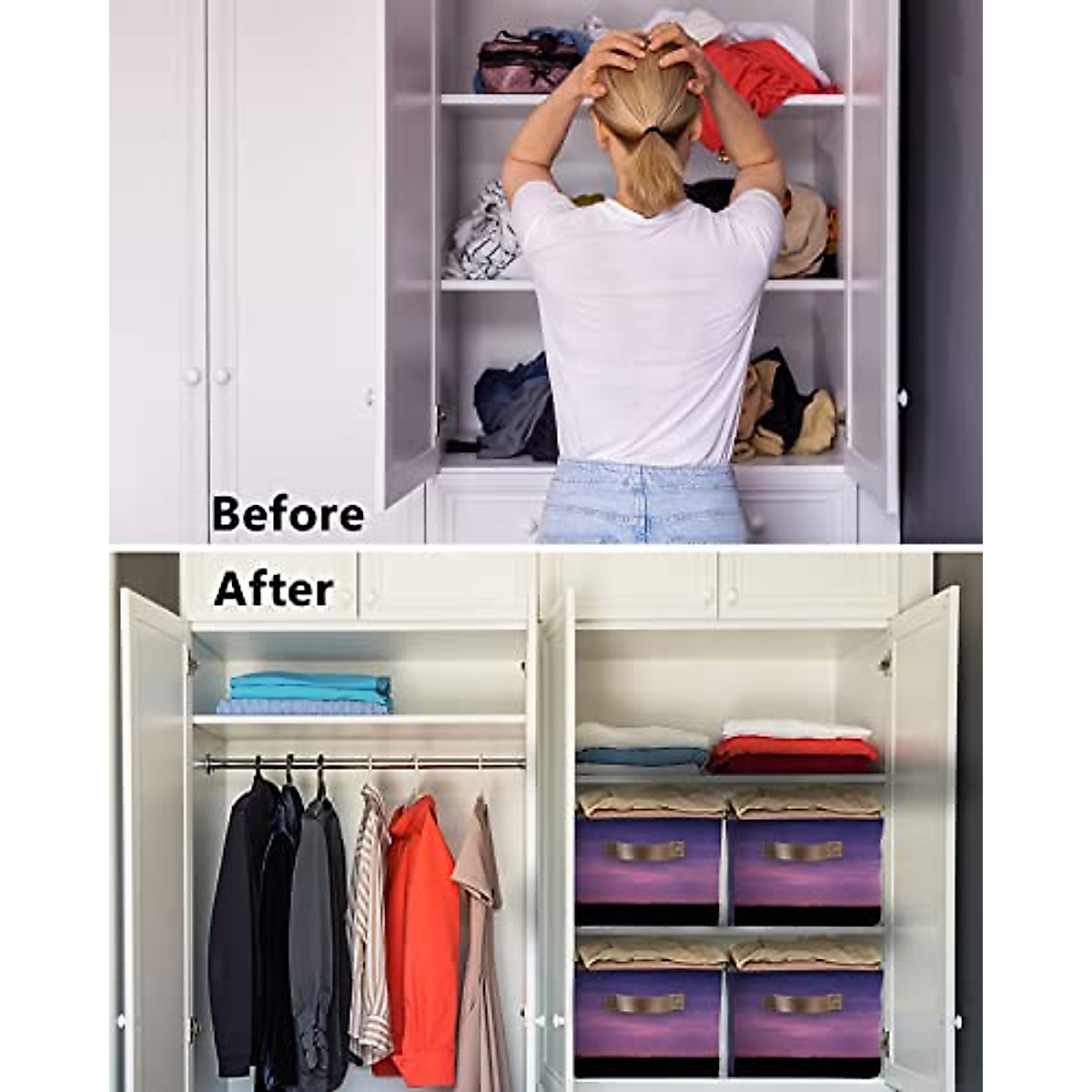 1 Pack Forest Deer Cube Storage Organizer Bins with Handles,Collapsible Canvas Cloth Fabric Storage Basket,Wild Purple Starry Sky Sunset Dancing Women Books Kids' Toys Bin Boxes for Shelves,Closet