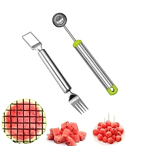 ZLMC 2-in-1 Watermelon Fork Slicer,Portable Stainless steel Watermelon Slicer with Melon Baller Scoop Extra,Dual Head Stainless Steel Fruit Forks Slicer Knife for Family Parties Camping(2PCS)