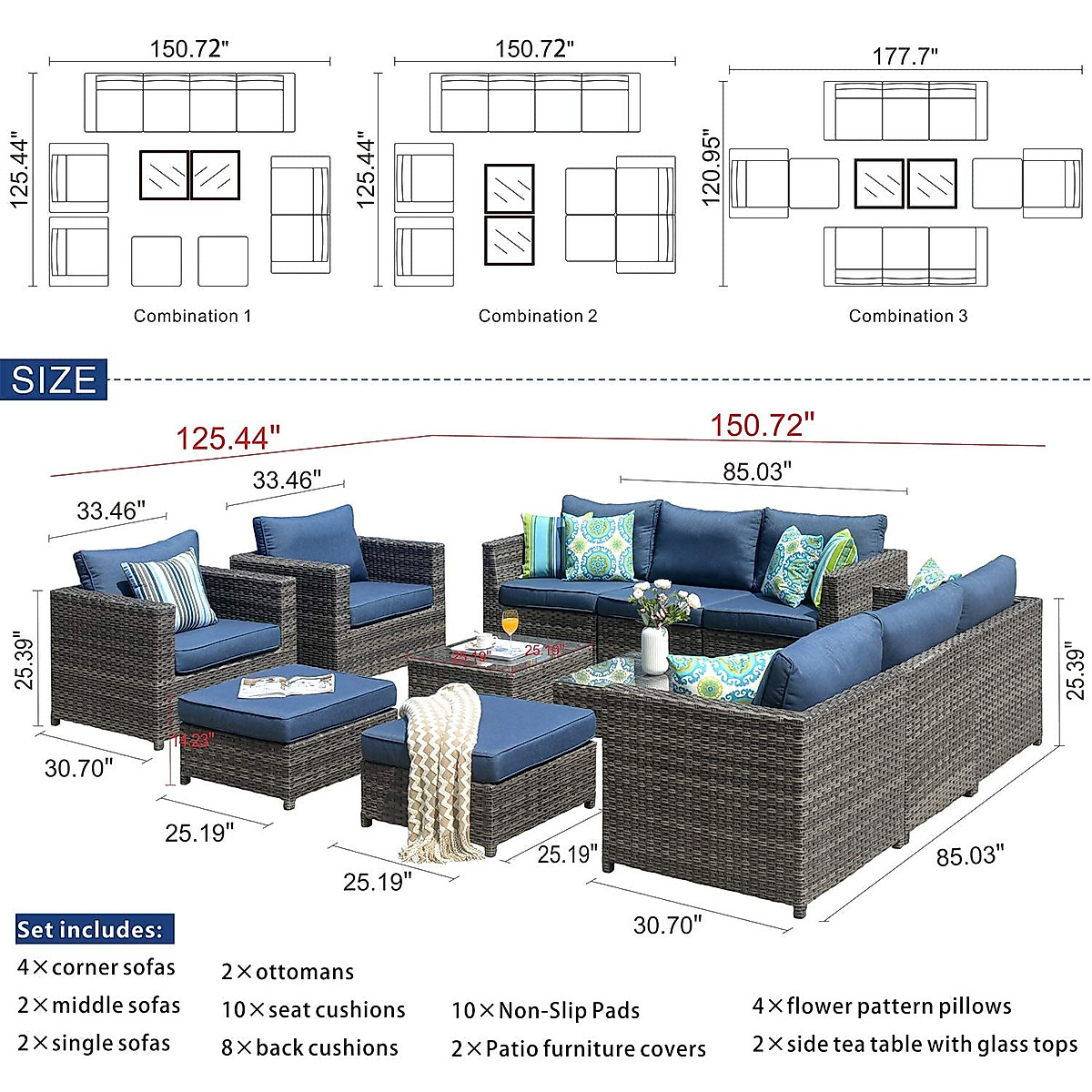 ovios Patio Furniture Set, 12 PCS Big Size Outdoor Furniture Set All Weather Rattan Wicker Sofa Sectional Set with Glass Table, Garden, Backyard, No Assembly Required (Grey-Denim Blue)