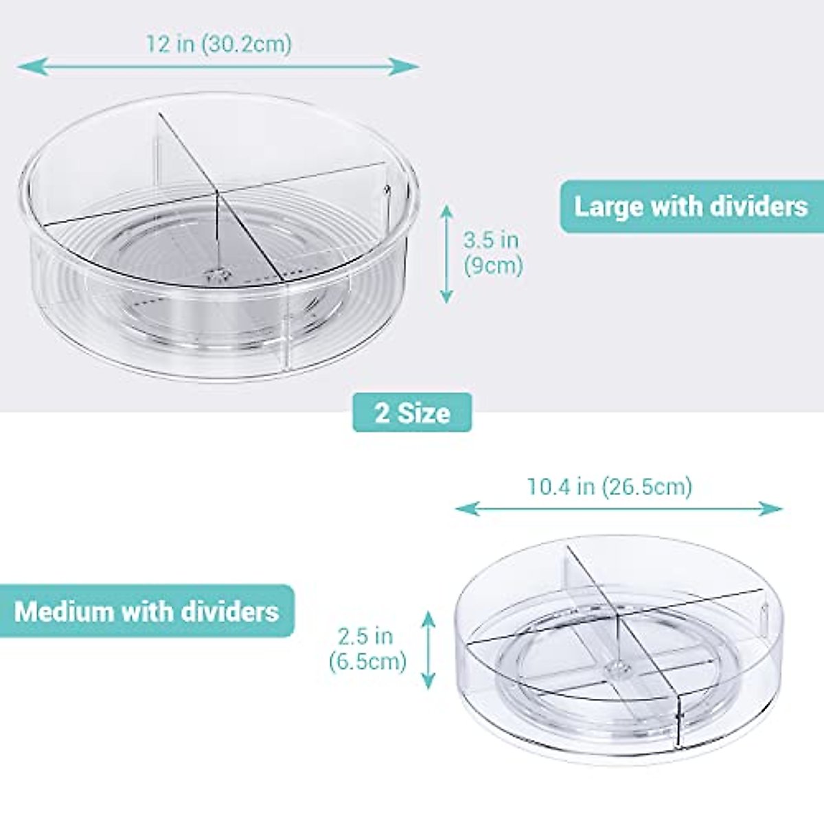 Lazy Susan Turntable, Ohuhu 2 Pack Lazy Susan Organizer 12" & 10.4'' Round Plastic Clear Lazy Susans Spice Rack Non-Skid Turntable Organizer with 2 Division Plate for Cabinet Pantry Fridge Countertop
