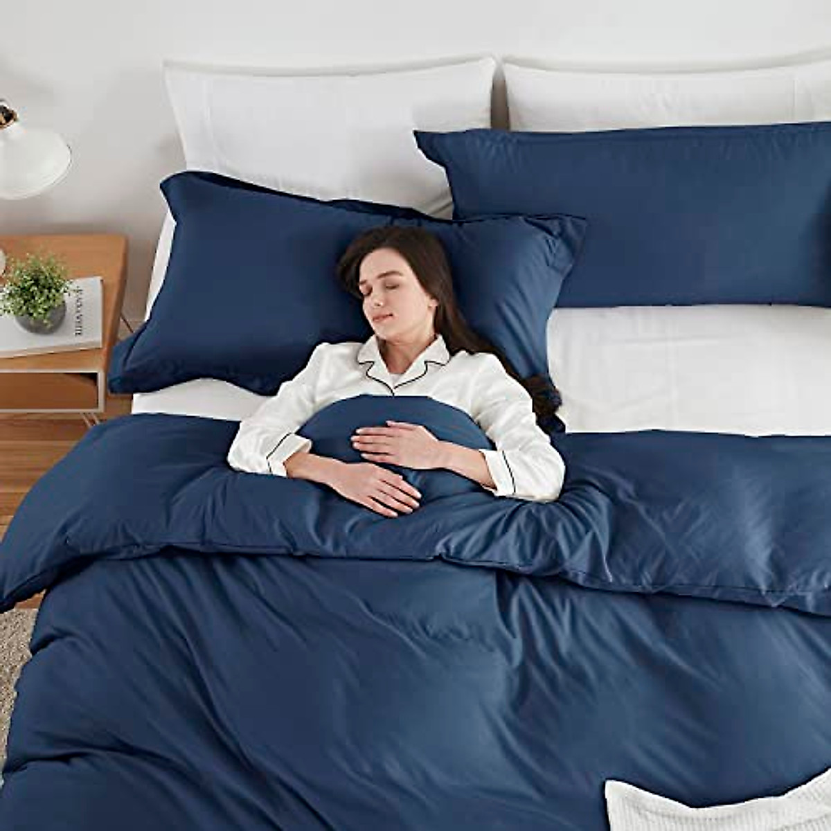 Hearth & Harbor Navy Blue Duvet Cover Queen Size - 3 Piece Queen Duvet Cover Set, Soft Double Brushed Queen Size Duvet Covers with Button Closure, 1 Duvet Cover 90x90 inches and 2 Pillow Shams