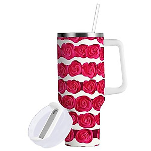 ODAWA Large Red Roses American Flag Insulated Tumblers with Handle and Straw Lid, 2 in 1 Lid Insulated Stainless Steel Tumblers