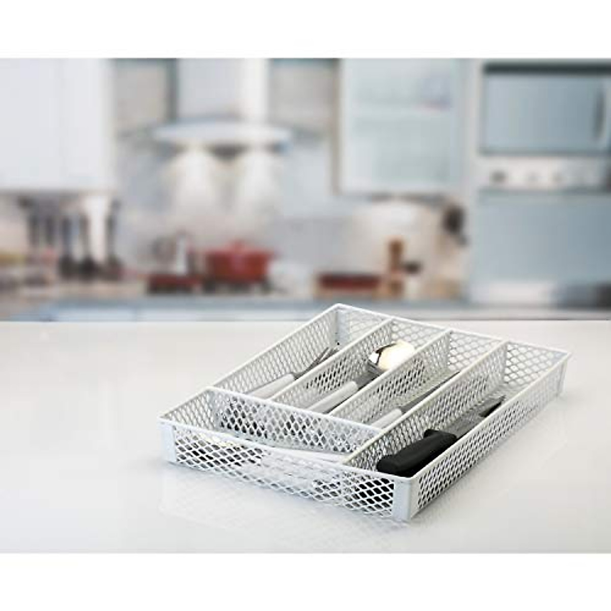 Kitchen Details 5 Section/Compartment Small Utensil, Flatware Drawer Organizer Tray, Protects Cutlery, in White (4288)