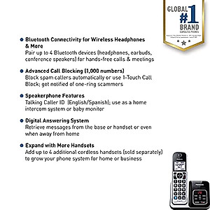Panasonic Cordless Phone System, Bluetooth Pairing for Wireless Headphones and Smart Call Block and Bilingual Talking Caller ID, 2 Handsets Expandable up to 6 Cordless Handsets - KX-TGD892S (Silver)