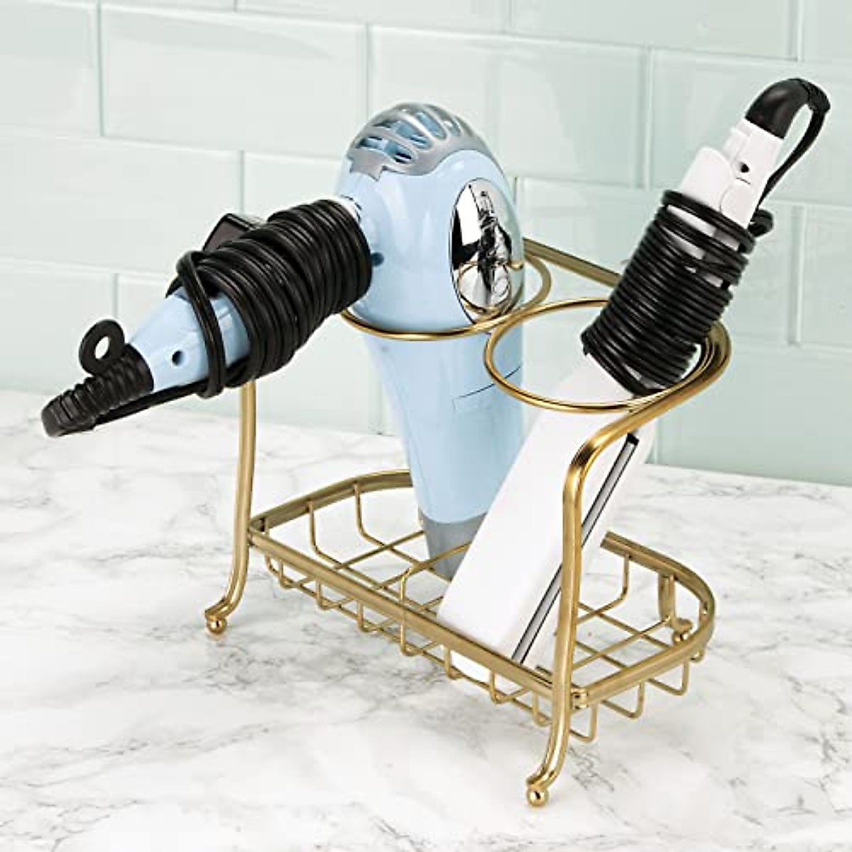 mDesign Steel Bathroom Countertop Hair Tool Storage Organizer Accessory Basket Tray, Vanity Table Holder for Hair Dryer, Flat and Curling Irons, Styling Products, Hyde Collection, Soft Brass