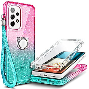 NGB Supremacy Galaxy A53 5G Case, Full Body Protection with [Built-in Screen Protector] Ring Holder/Wrist Strap, Slim Fit Shockproof Bumper Durable Cover for Samsung A53 5G (Glitter Pink/Aqua)