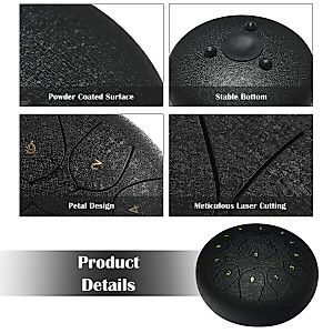 Sonart 12 Inch High Carbon Steel Tongue Drum, 13 Notes Lotus Hand Steel Pan Drum w/Drum Hammer, Drumstick Bracket, Rubber Finger Sleeve and Travel Bag for Camping, Meditation, or Yoga (Black)
