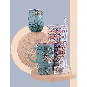 Vera Bradley Insulated Wine Tumbler, 12 Ounce Travel Cup, Green Floral Stainless Steel Tumbler with Lid, Sunlit Garden Greek Sage