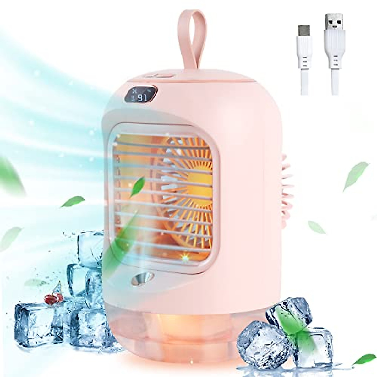 3 IN 1 Portable Air Conditioners, Air Conditioner Portable for Room Sprayable Misting Humidification Cooling Fan, 3600mAh USB Rechargeable, 3-Speed, Desk Fan with LED Display for Office, Home (Pink)