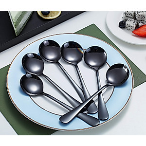 Black Soup Spoons, Kyraton 6 Pieces Stainless Steel Round Spoons With Black Titanium Plating, Black Dinner Spoon Table Spoon, Spoons Silverware Dishwasher Safe Set of 6