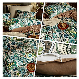CinYana Paisley Floral Duvet Cover King Vintage Style Duvet Cover Set 5 PCS Boho Bedding Set Green Duvet Cover Set(Green,King/California King)