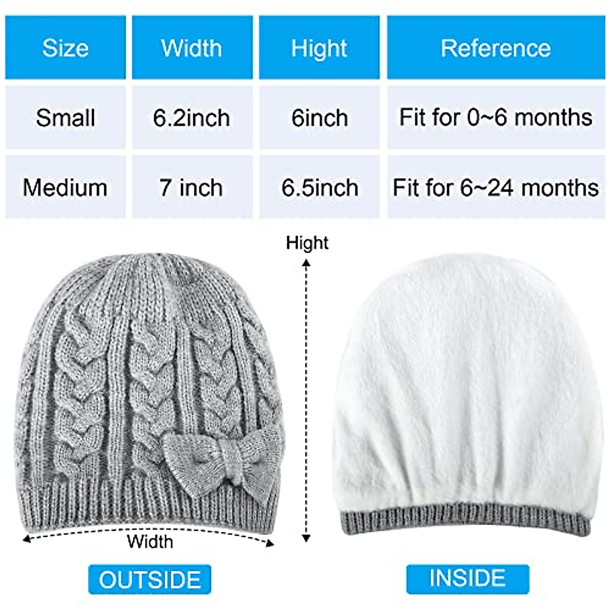 SATINIOR 3 Pieces Fleece Lined Baby Beanie with Bow, Infant Newborn Toddler Kids Winter Warm Knit Cap for Boys Girls (Beige, Pink, Grey,6-24 Months)