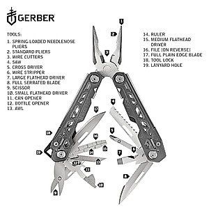 Gerber Gear Truss 17-in-1 Needle Nose Pliers Multi-tool with Sheath - Multi-Plier, Pocket Knife, Serrated Blade, Screwdriver, Bottle Opener - EDC Gear and Equipment - Gray