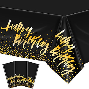 Aneco 3 Pack Black Gold Happy Birthday Tablecloth Table Cloth Cover Black Gold Party Durable Tablecloth Table Covers 54 x 108 Inches for Parties Birthdays Weddings