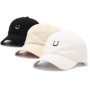 Umeepar 3 Pack Smile Face Cotton Baseball Cap Adjustable Low Profile Unstructured Dad Hat for Men Women (Black, White, Beige)