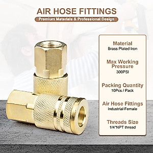 Toolsland 10 Pack Female Air Coupler, 1/4-Inch NPT Thread Quick Connect Air Tool Fittings, Industrial M Style Coupler with Brass Finish for Quickly and Safely Disconnect Air Hose