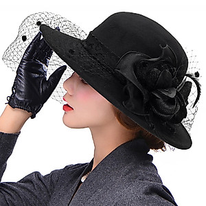 Women Flower Decor Bowler Fedora Hat with Veil Floppy Brim Felt Church Party Cap Vintage 1920s Elegant Fascinator Hat Small Black